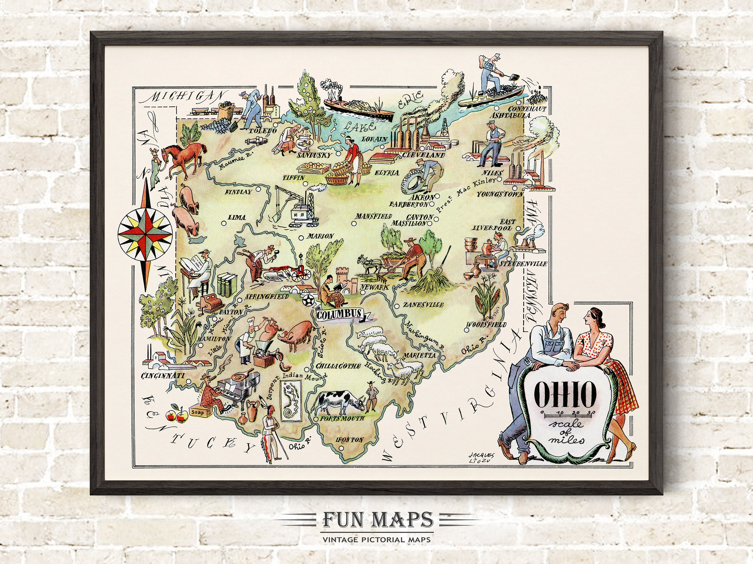 Fun State Map of Ohio Vintage Pictorial Whimsical Cartoon Print ...