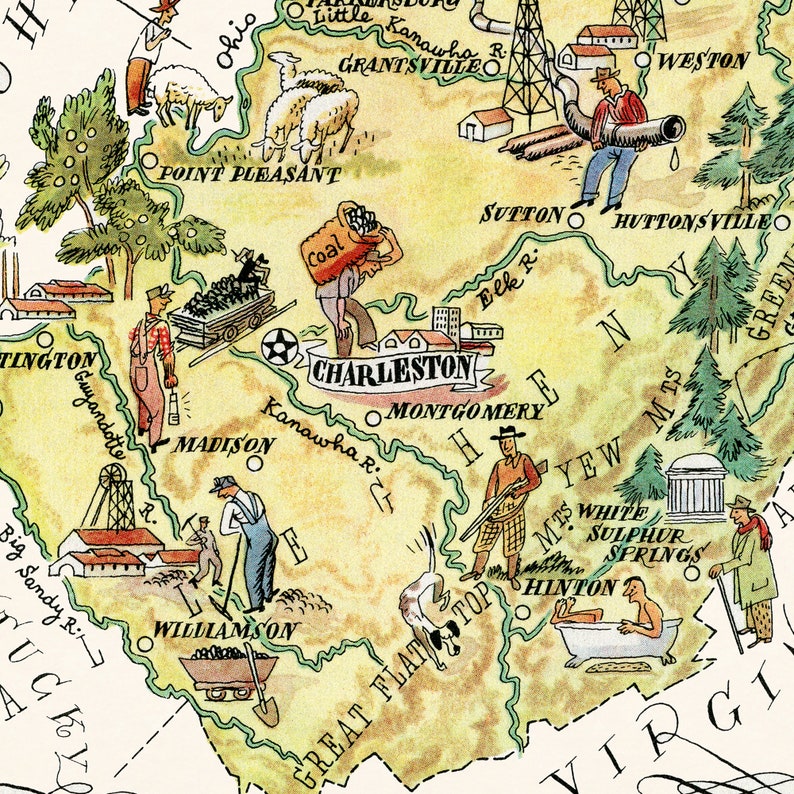 Fun State Map of West Virginia – Vintage Pictorial Whimsical Cartoon ...