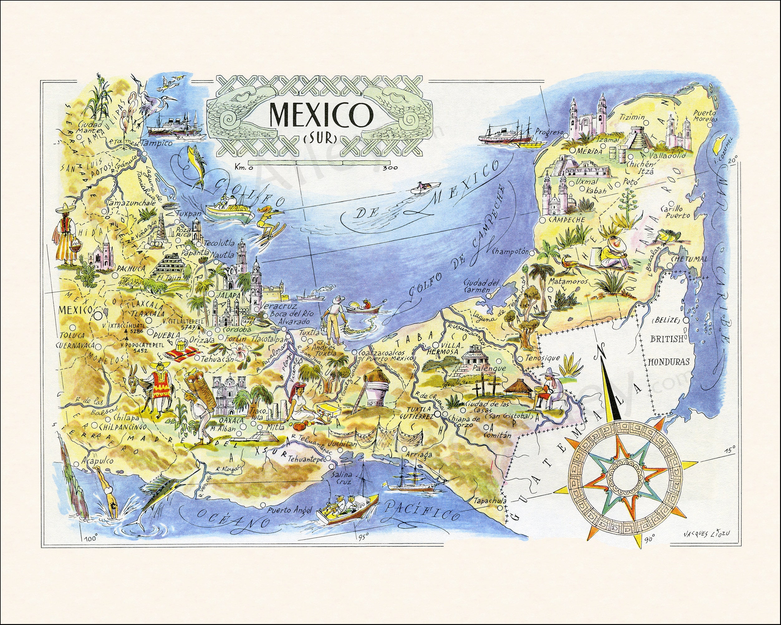 Fun Map of Mexico Sur South Vintage Pictorial Whimsical Cartoon Old ...
