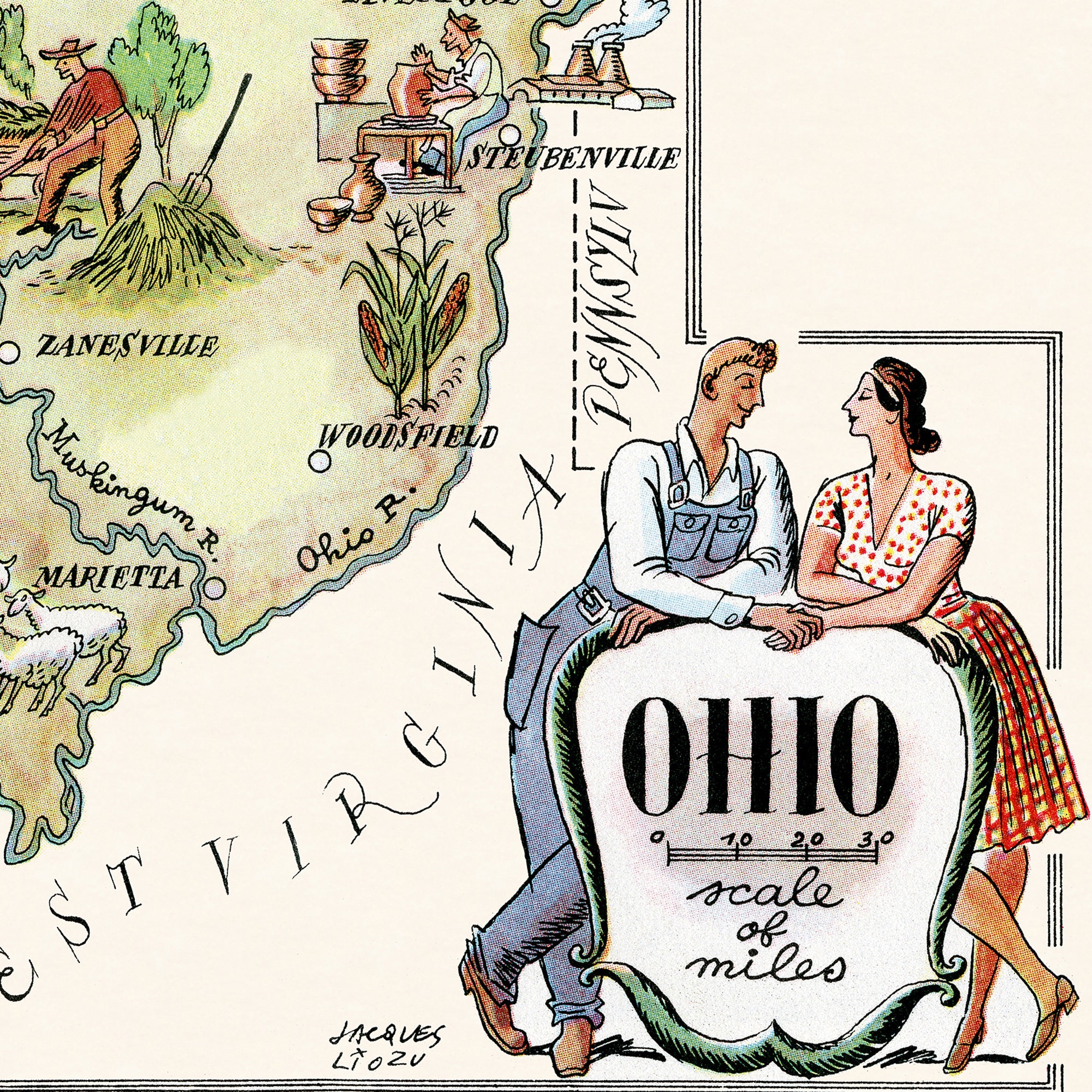 Fun State Map of Ohio Vintage Pictorial Whimsical Cartoon Print ...