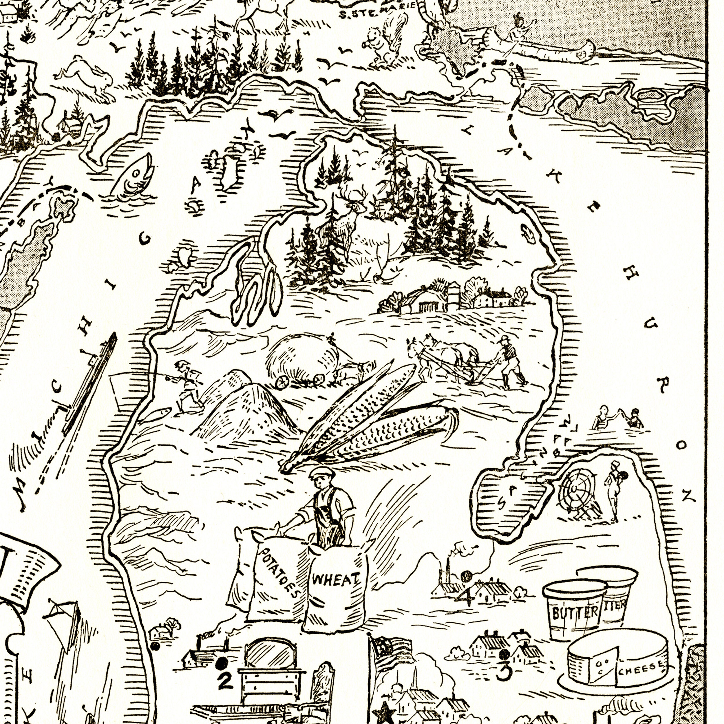 Vintage State Map of Michigan Fun Pictorial Whimsical Cartoon Print ...