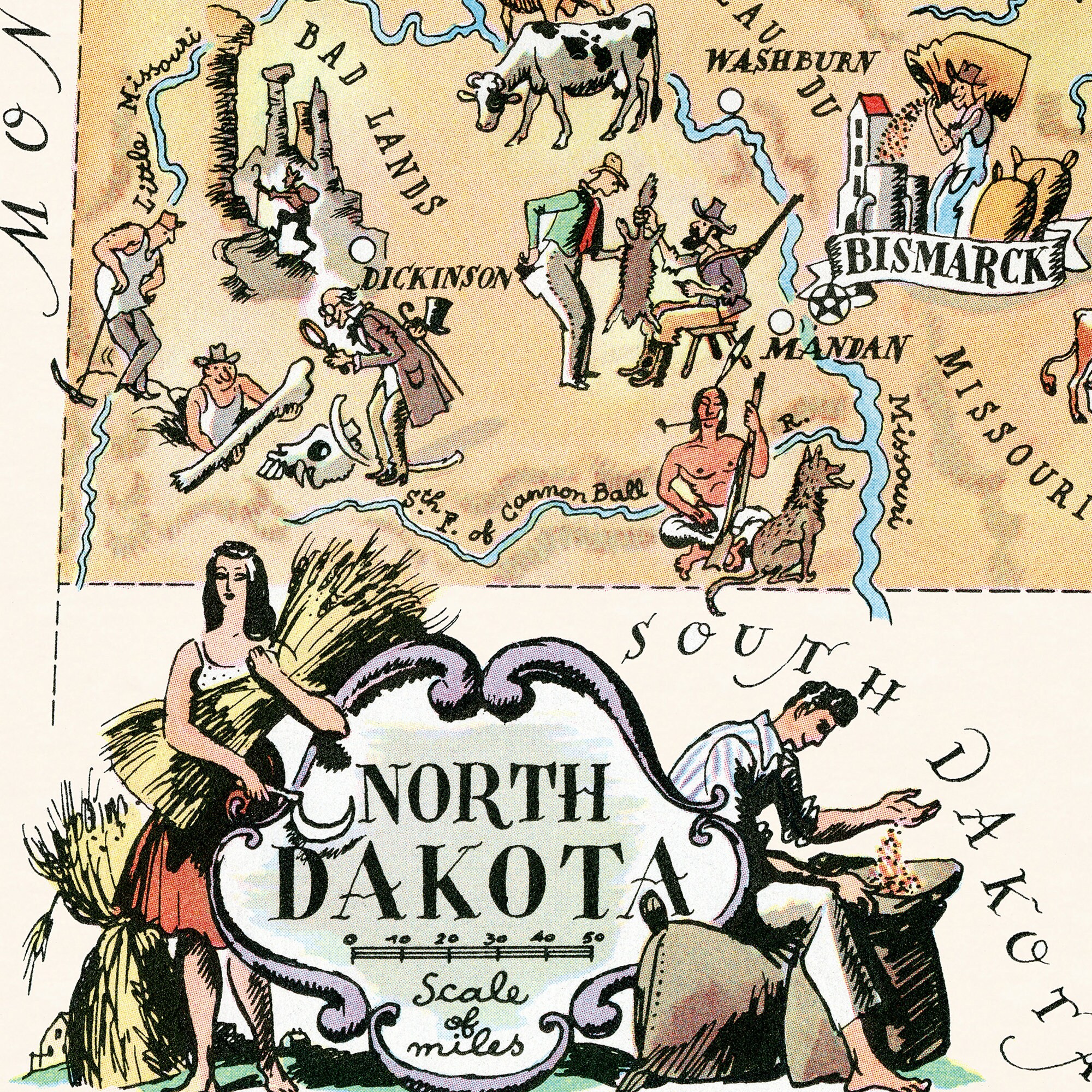 Fun State Map of North Dakota Vintage Pictorial Whimsical Cartoon Print ...