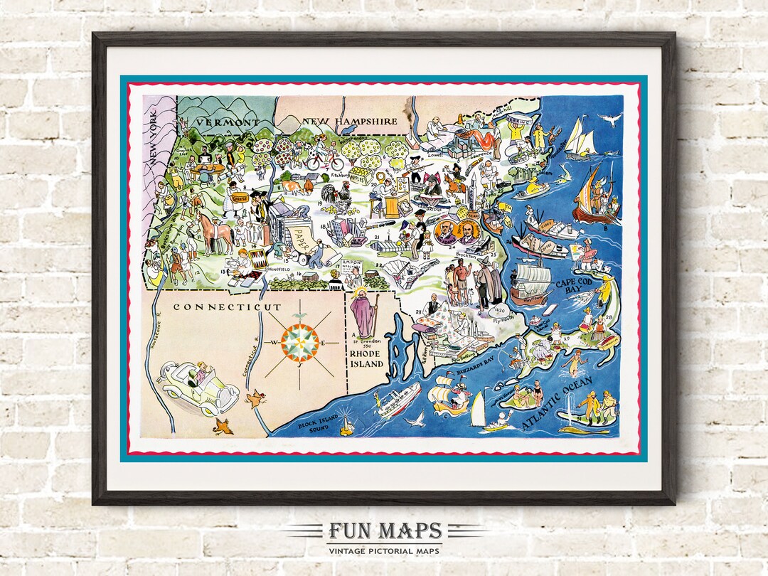 Vintage State Map of Massachusetts – Pictorial Whimsical Print ...