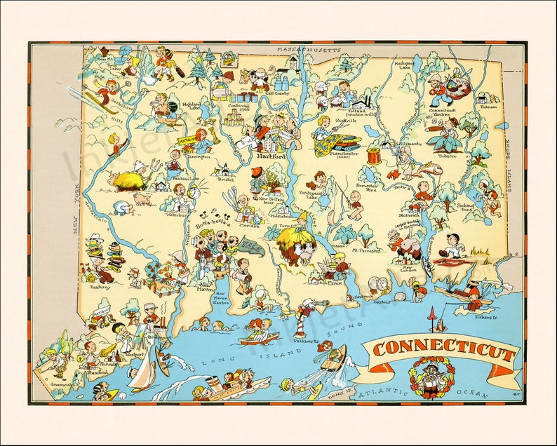Fun State Map of Connecticut– Vintage Pictorial Whimsical Cartoon Print ...