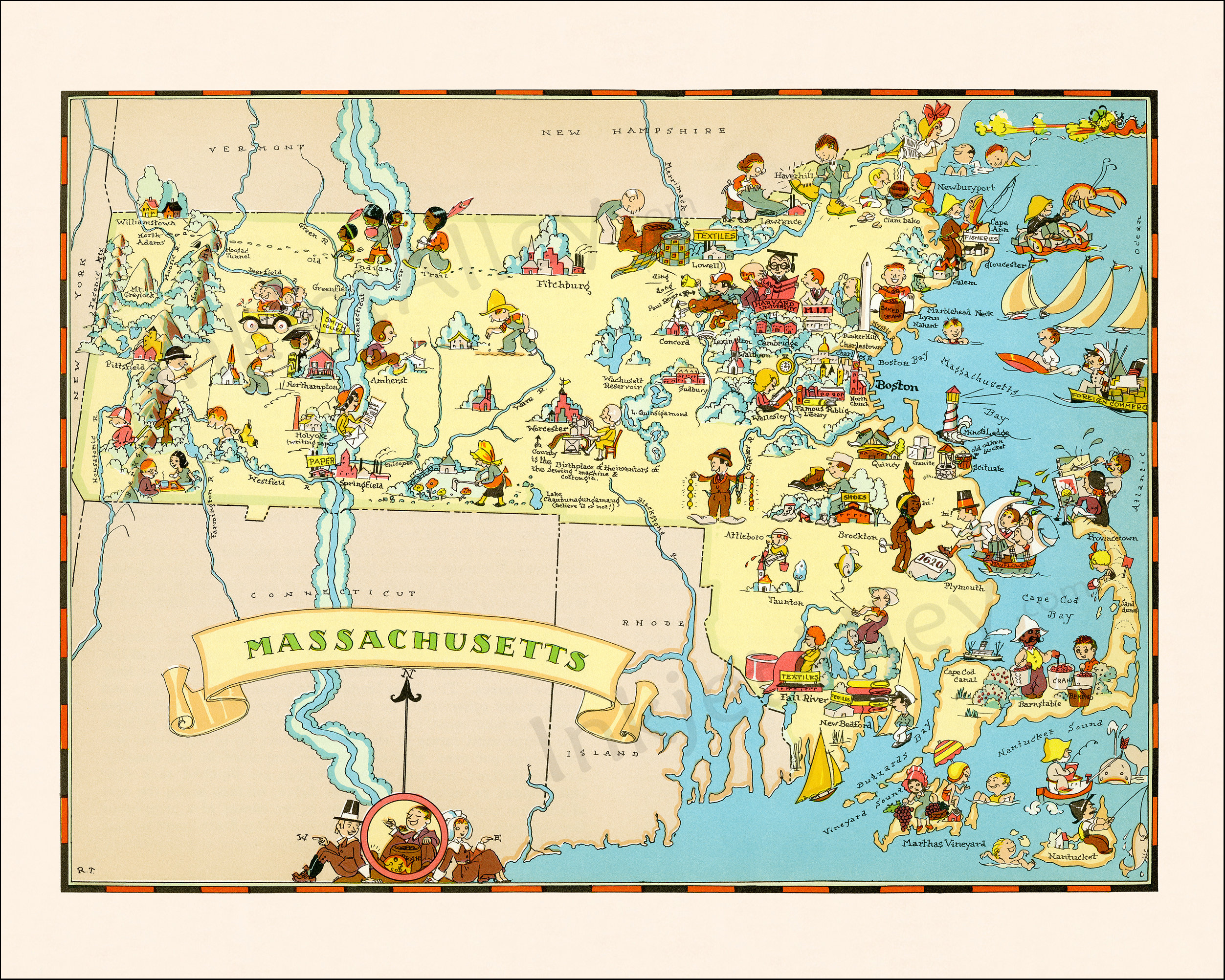Fun State Map of Massachusetts Vintage Pictorial Whimsical Cartoon ...