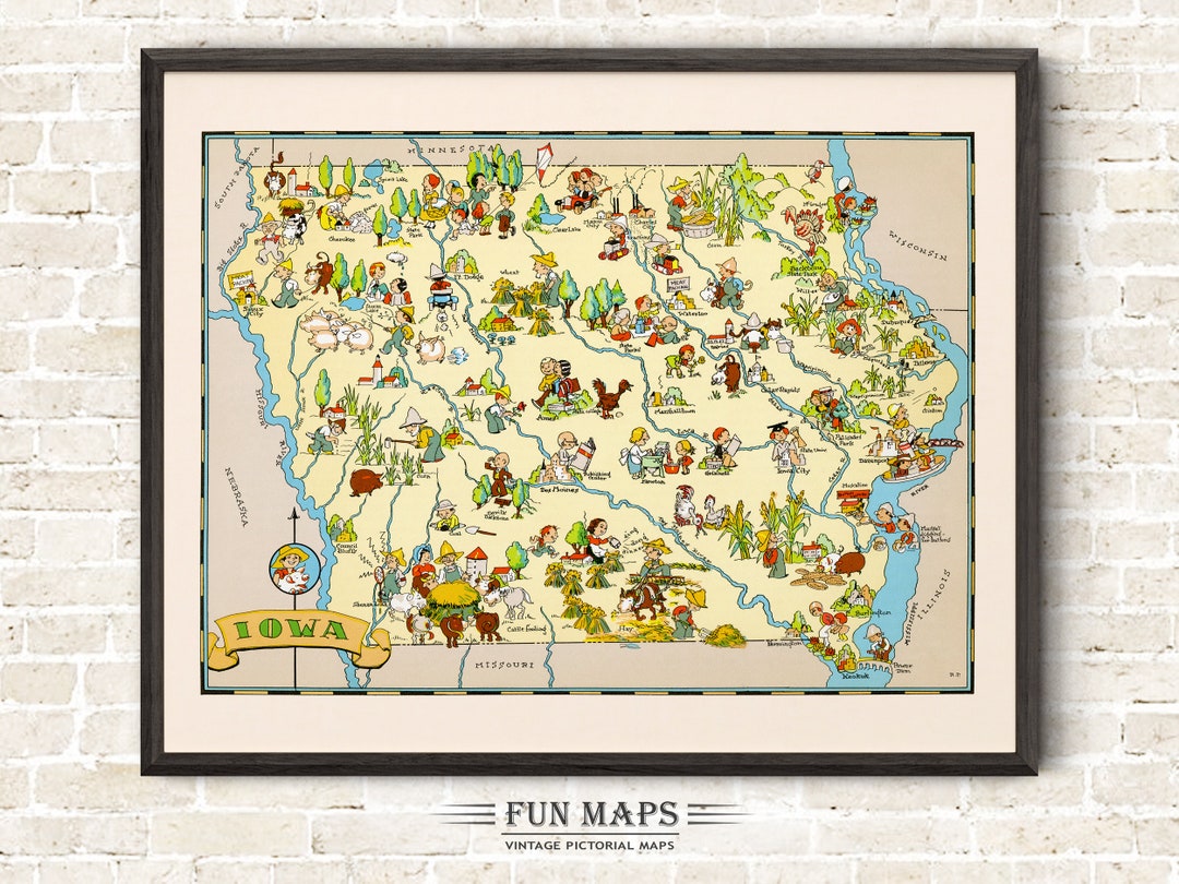 Fun State Map of Iowa – Vintage Pictorial Whimsical Cartoon Print ...