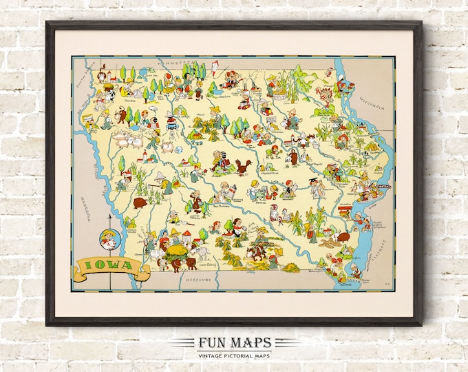 1930's Vintage IOWA State Map Cartoon Map Print Gallery Wall Art ...