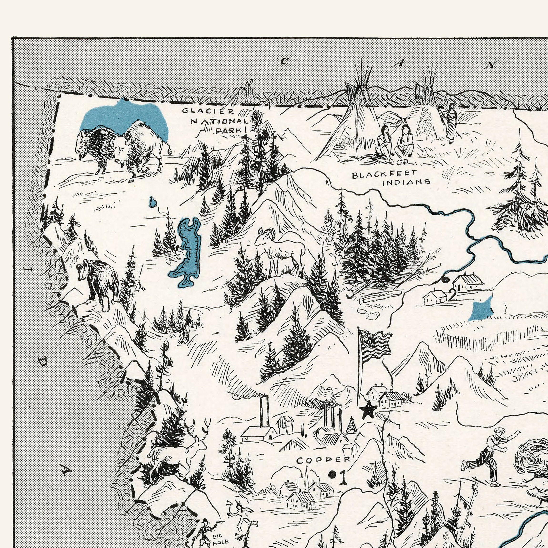 Fun Map of Montana – Vintage Pictorial Whimsical Cartoon Print ...
