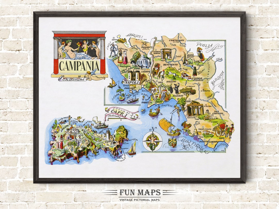 Fun Map of Campania in Italy Vintage Pictorial Whimsical Cartoon Old ...