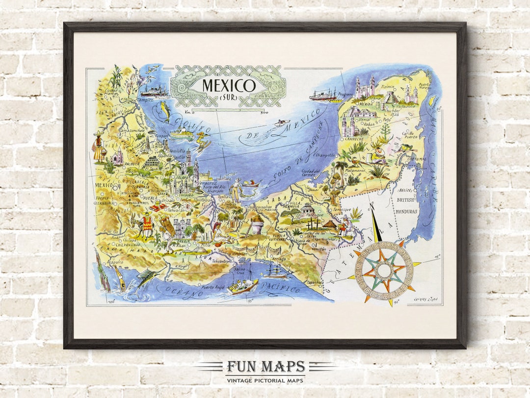 Fun Map of Mexico Sur - South - Vintage Pictorial Whimsical Cartoon Old ...