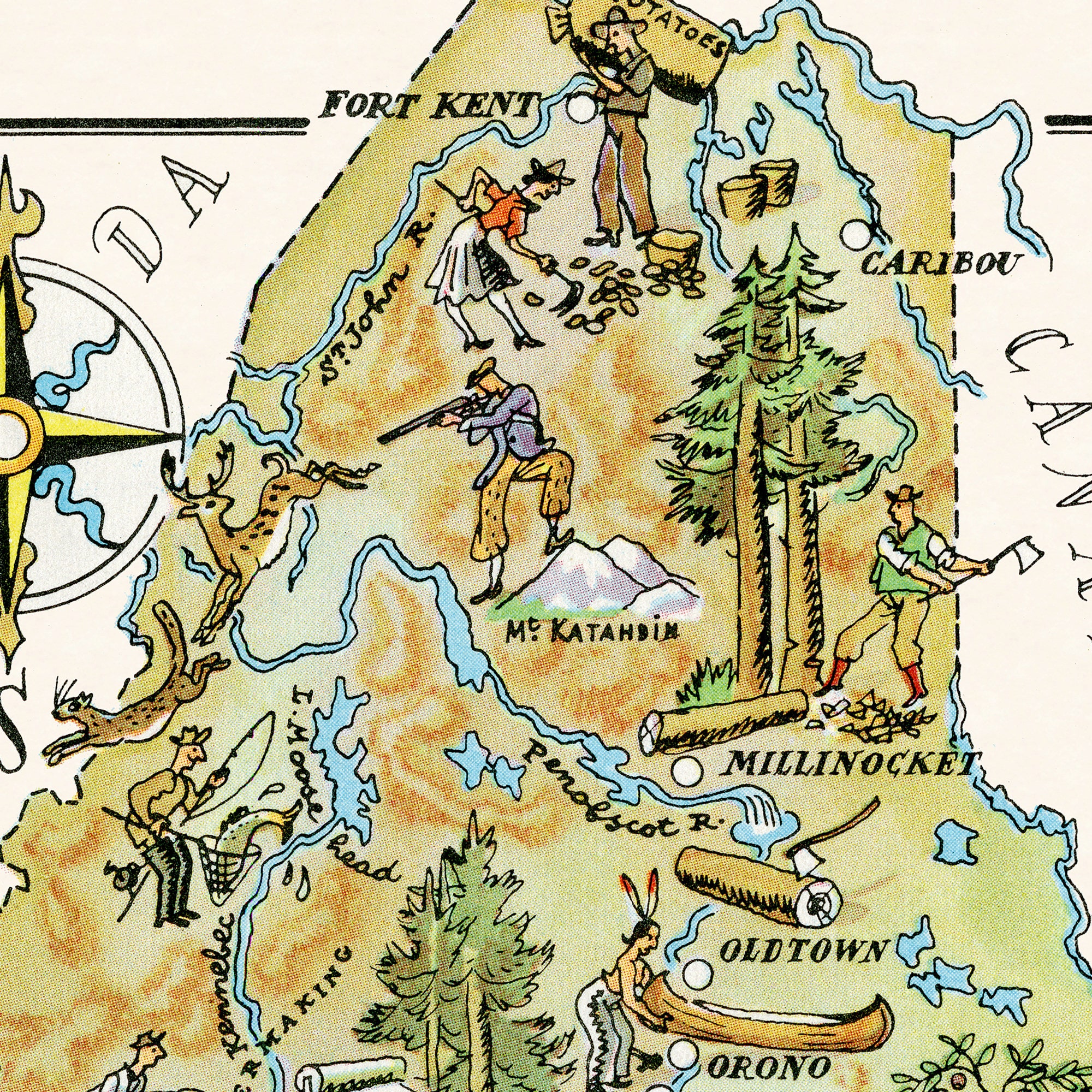 Fun State Map of Maine – Vintage Pictorial Whimsical Cartoon Print ...