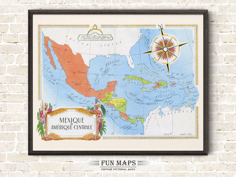 Fun Map of Mexico Central America Vintage Pictorial Whimsical Cartoon ...