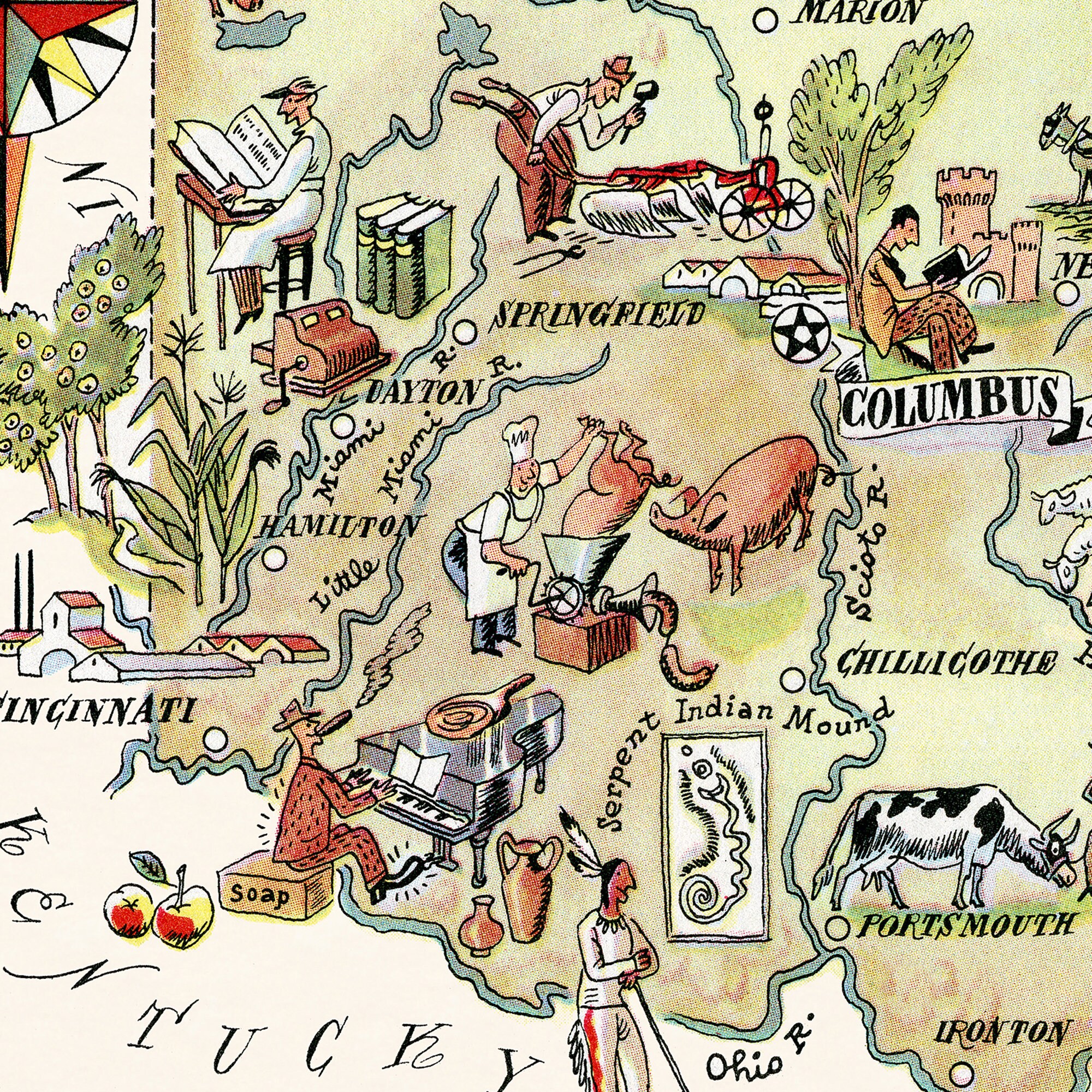 Fun State Map of Ohio Vintage Pictorial Whimsical Cartoon Print ...