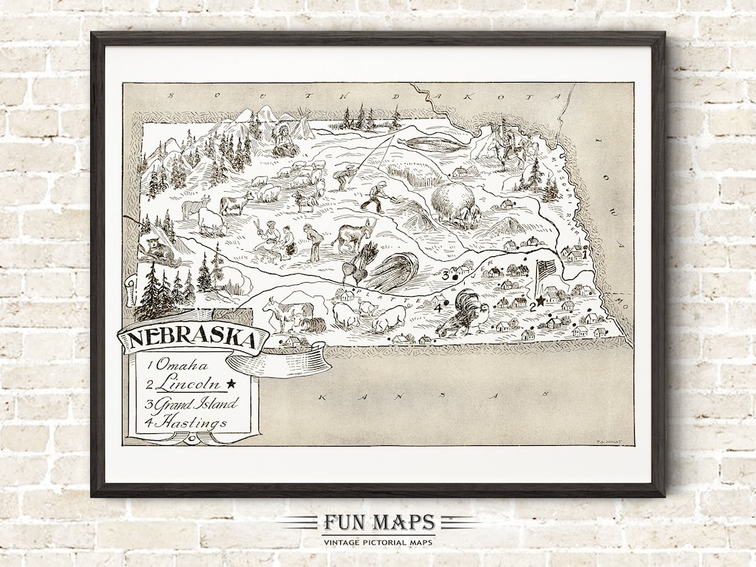 Vintage State Map of Nebraska – Fun Pictorial Whimsical Cartoon Print ...