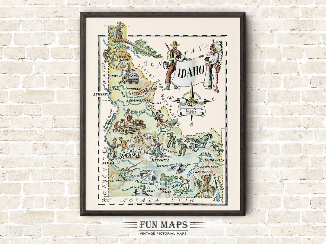 Fun State Map of Idaho – Vintage Pictorial Whimsical Cartoon Print ...