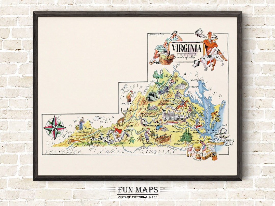 Fun State Map of Virginia – Vintage Pictorial Whimsical Cartoon Print ...