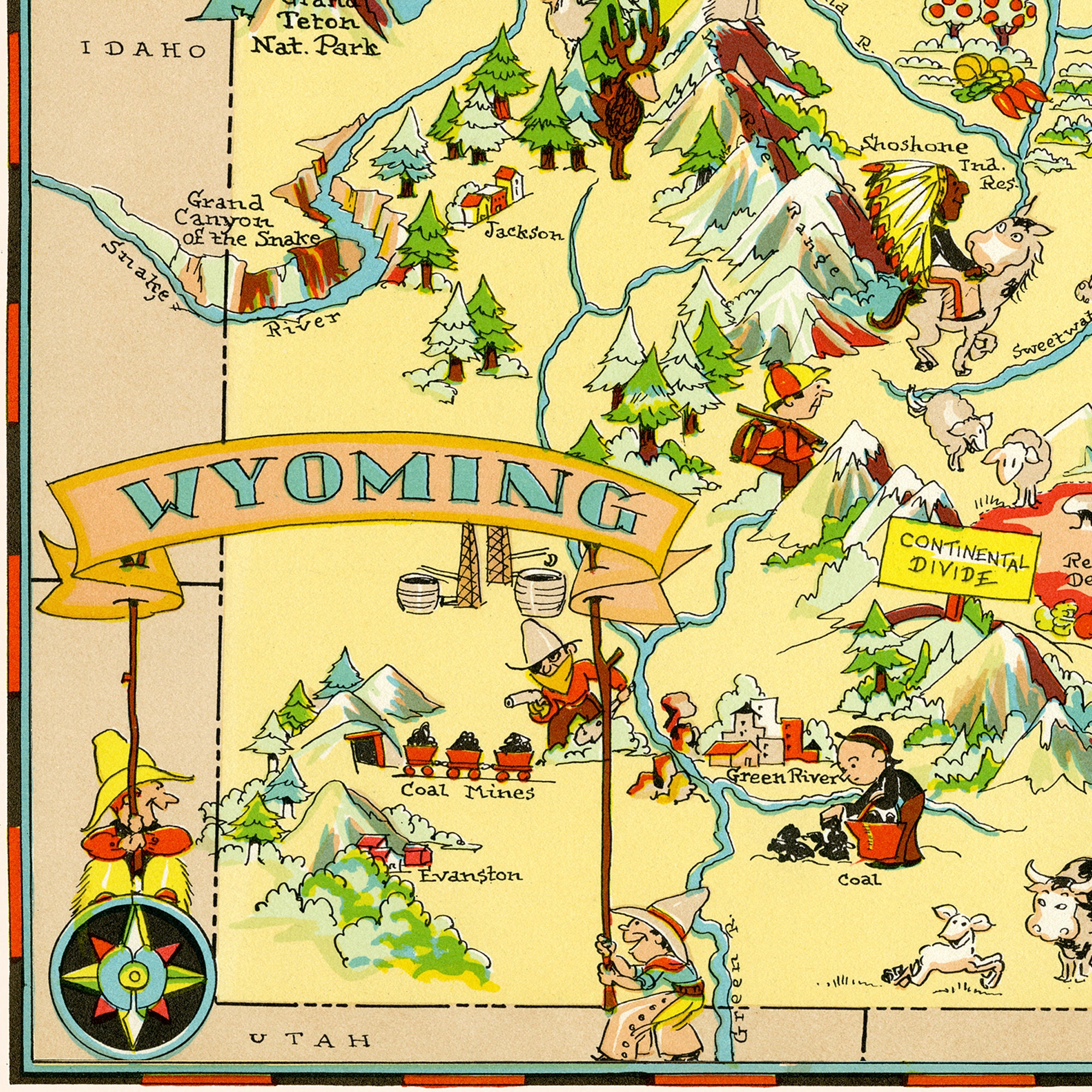 Fun State Map of Wyoming – Vintage Pictorial Whimsical Cartoon Print ...