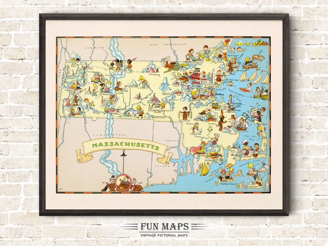Fun State Map of Massachusetts - Vintage Pictorial Whimsical Cartoon ...