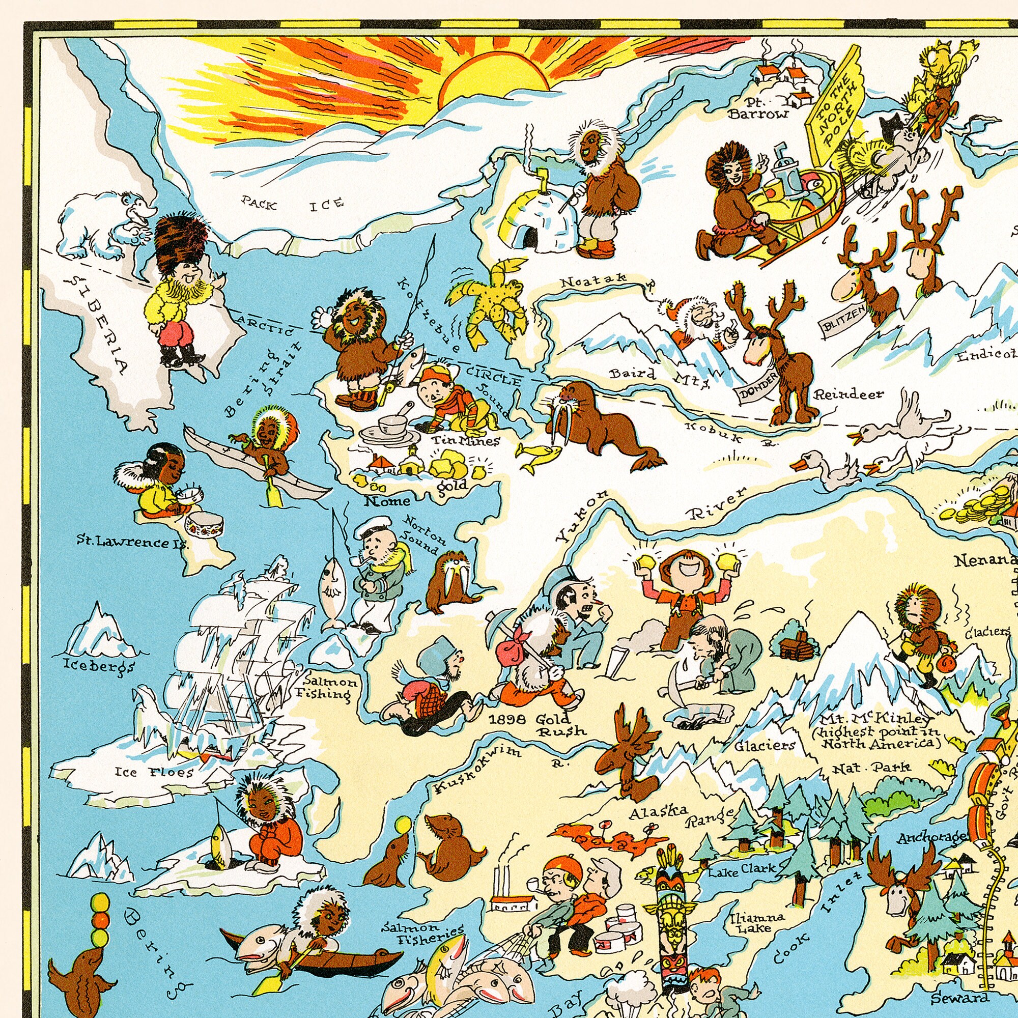 Fun State Map of Alaska Vintage Pictorial Whimsical Cartoon Print ...