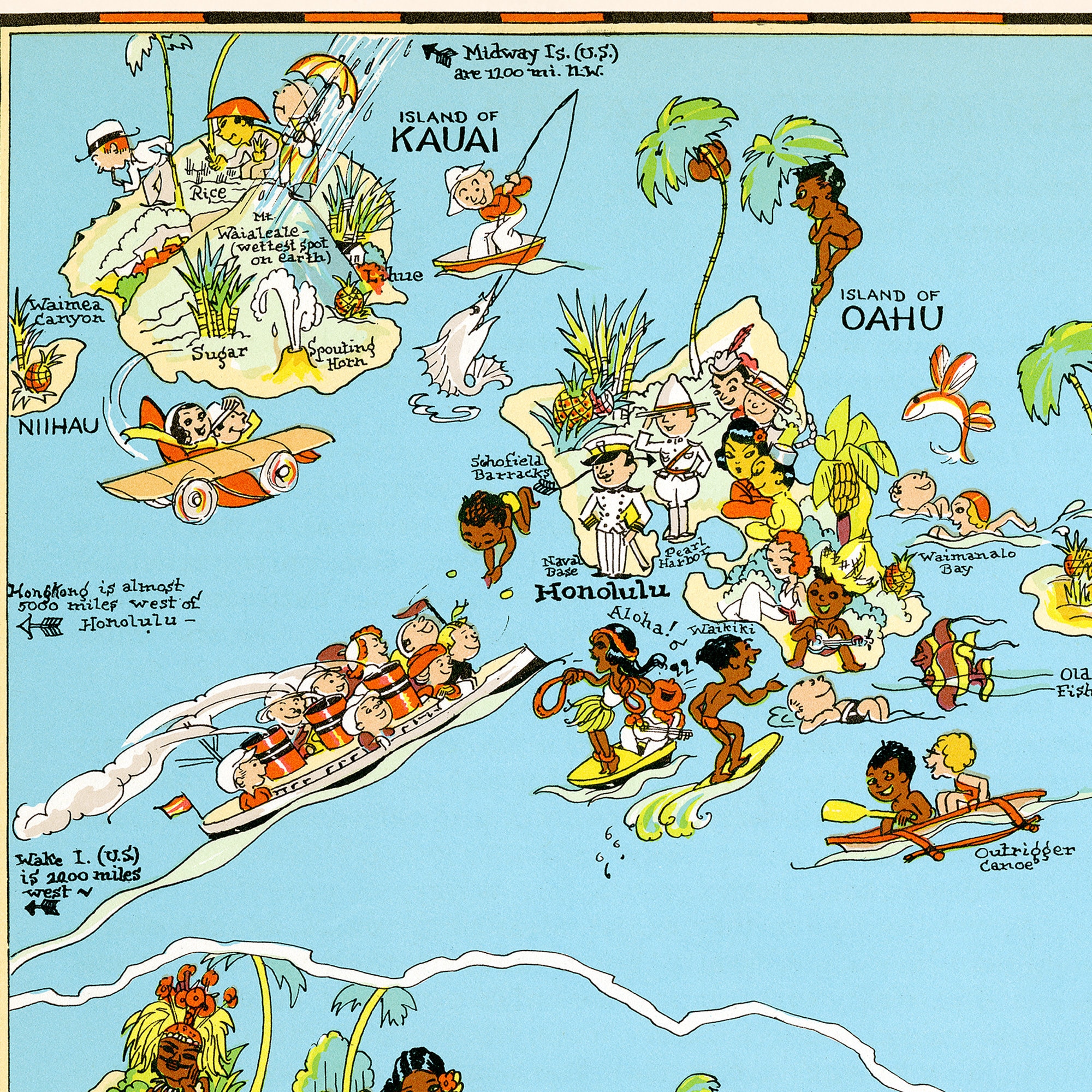 Fun State Map of Hawaii Vintage Pictorial Whimsical Cartoon Print ...