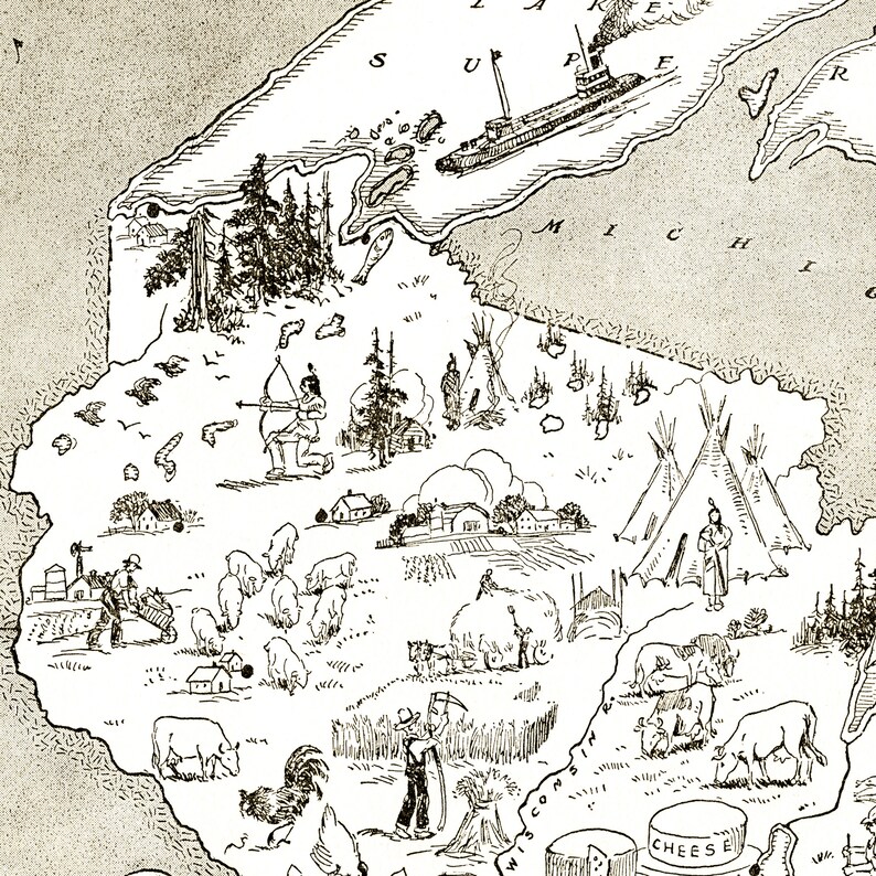 Vintage State Map of Wisconsin Fun Pictorial Whimsical Cartoon Print ...
