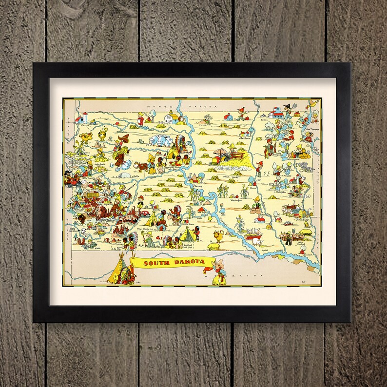 Fun State Map of South Dakota vintage Pictorial Cartoon Print - Etsy
