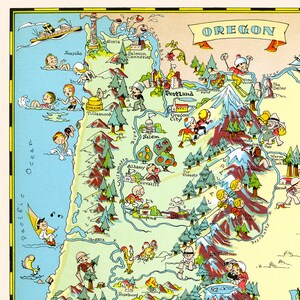 Fun State Map of Oregon – Vintage Pictorial Whimsical Cartoon Print ...