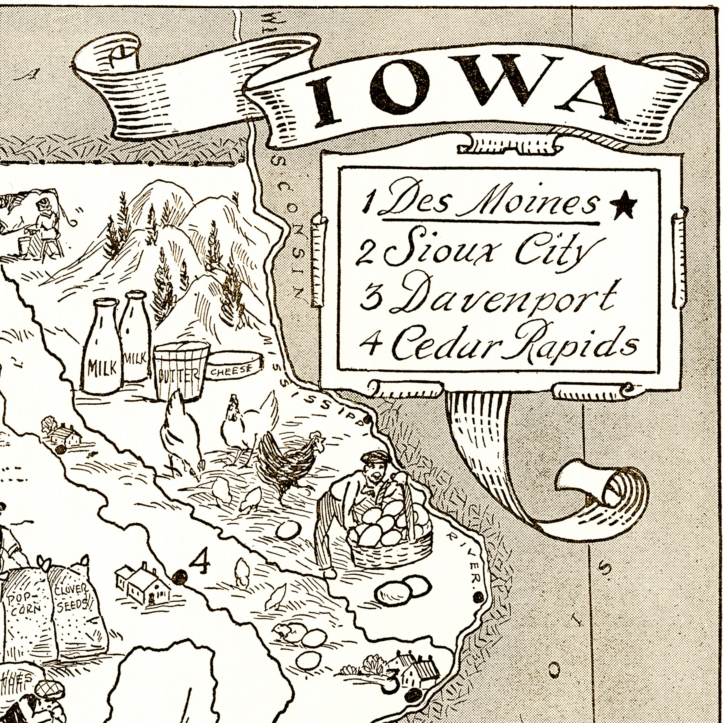 Vintage State Map of Iowa – Fun Pictorial Whimsical Cartoon Print ...