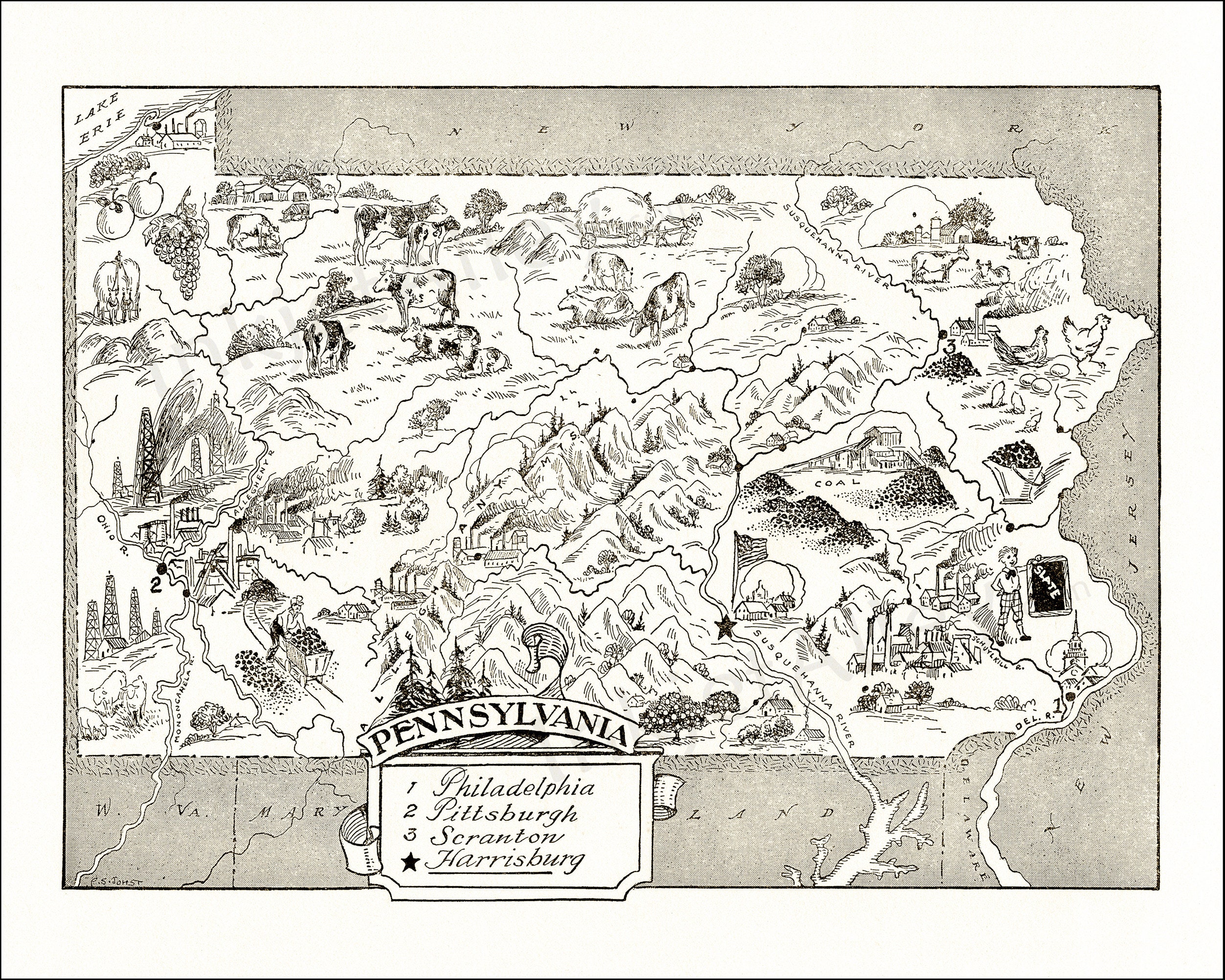 Vintage State Map of Pennsylvania – Fun Pictorial Whimsical Cartoon ...