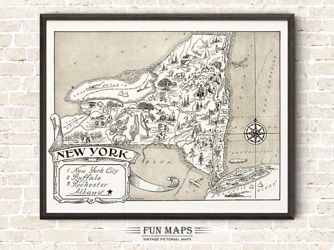 Vintage State Map of New York – Fun Pictorial Whimsical Cartoon Print ...