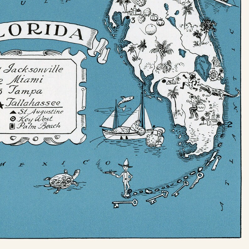 Fun Map of Florida – Vintage Pictorial Whimsical Cartoon Print ...