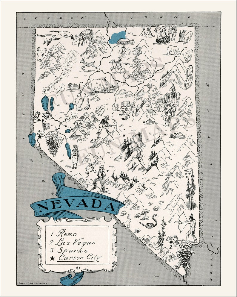 Fun Map of Nevada Vintage Pictorial Whimsical Cartoon Print - Etsy