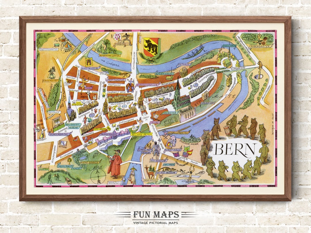 Fun Street Map of Bern in Switzerland - Vintage Pictorial Whimsical ...