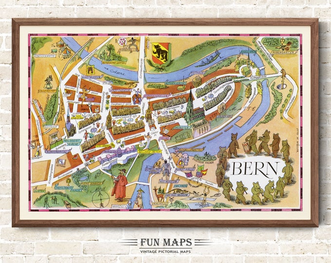 Fun Street Map of Bern in Switzerland - Vintage Pictorial Whimsical ...