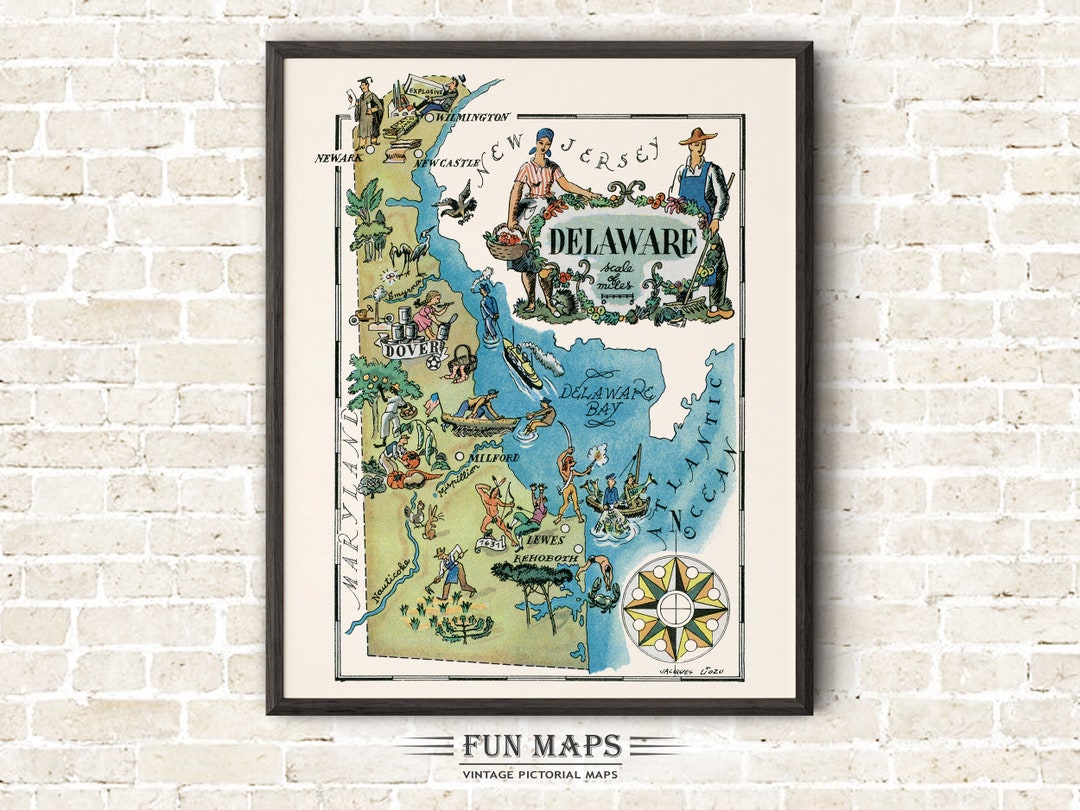 Fun State Map of Delaware – Vintage Pictorial Whimsical Cartoon Print ...