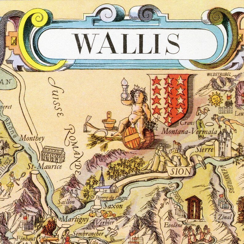 Fun Map of Wallis in Switzerland - Vintage Pictorial Whimsical Cartoon ...