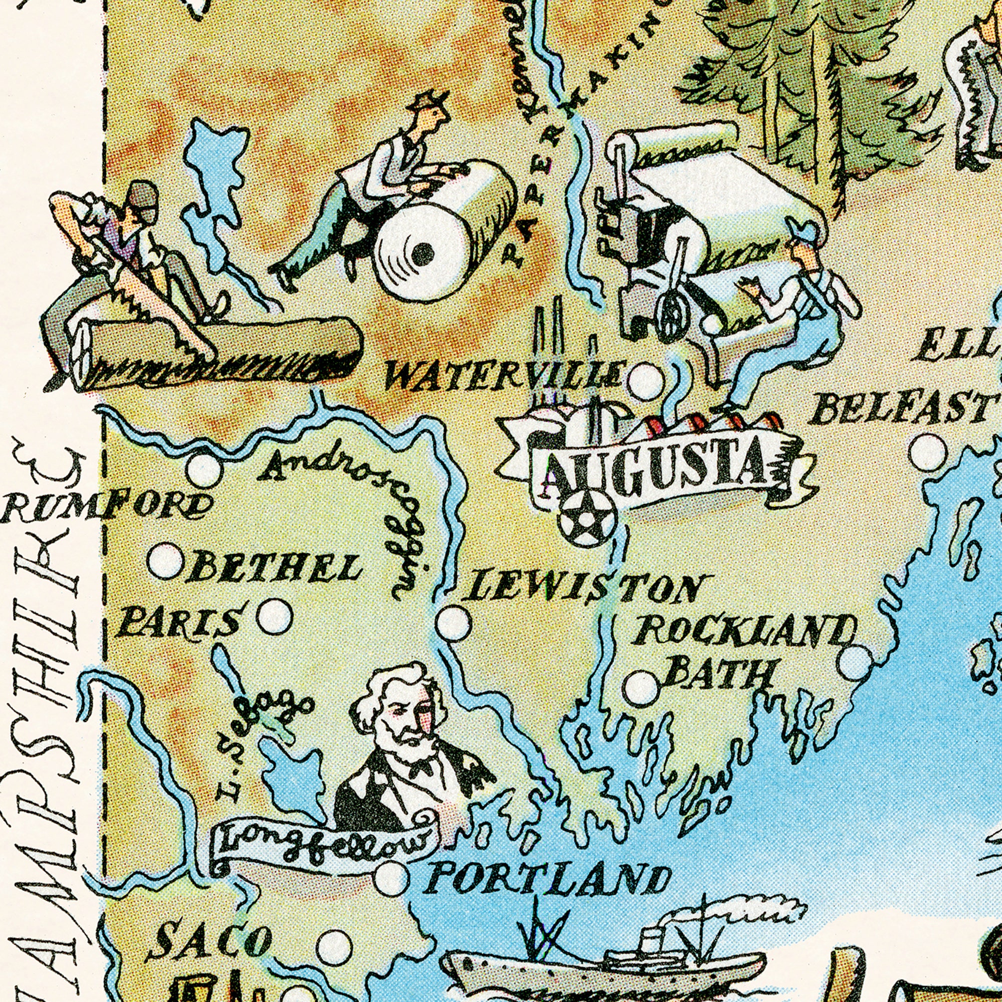 Fun State Map of Maine – Vintage Pictorial Whimsical Cartoon Print ...