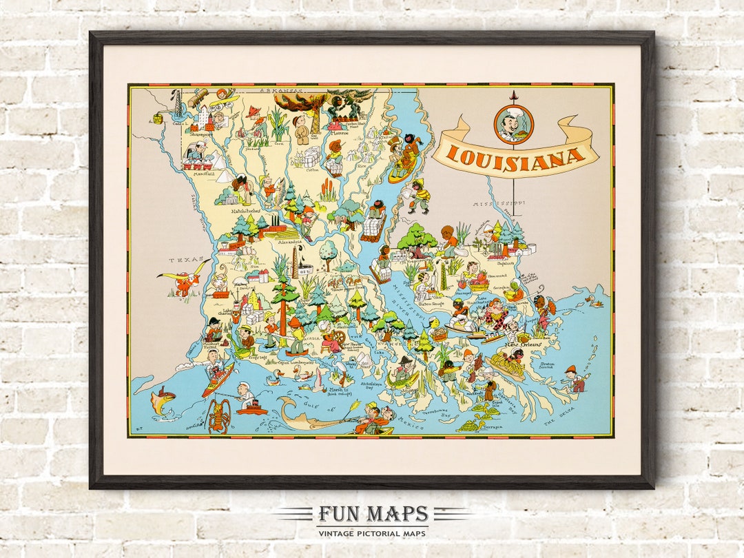 Fun State Map of Louisiana – Vintage Pictorial Whimsical Cartoon Print ...
