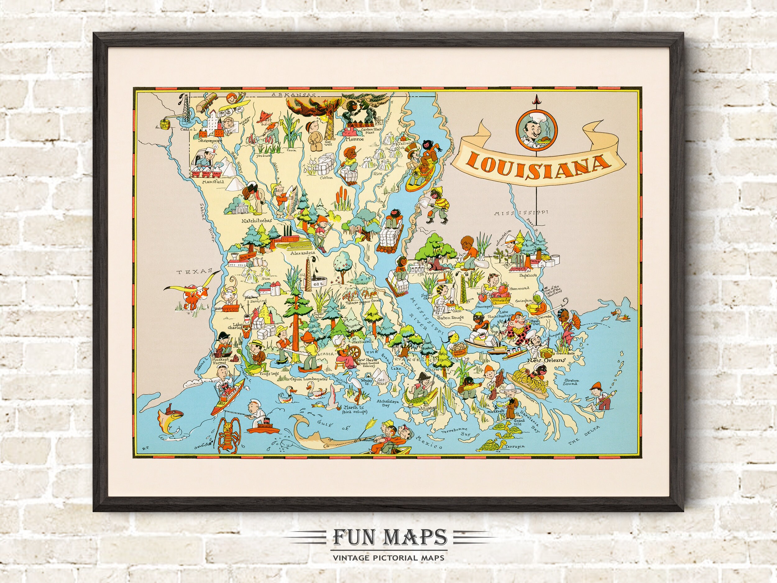 Fun State Map of Louisiana – Vintage Pictorial Whimsical Cartoon Print ...