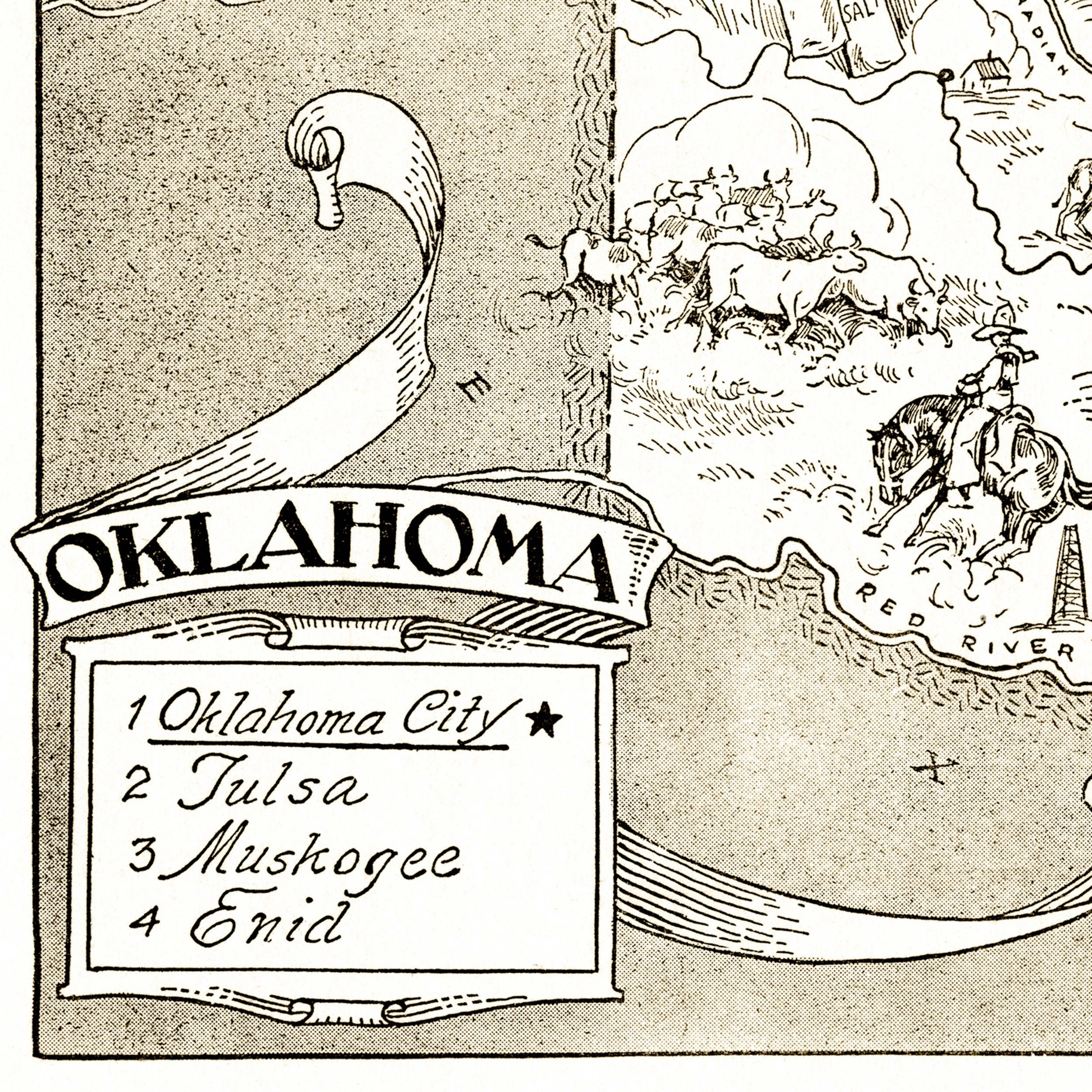 Vintage State Map of Oklahoma Fun Pictorial Whimsical Cartoon Print ...