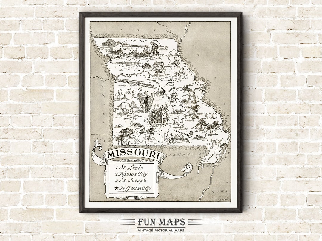 Vintage State Map of Missouri – Fun Pictorial Whimsical Cartoon Print ...