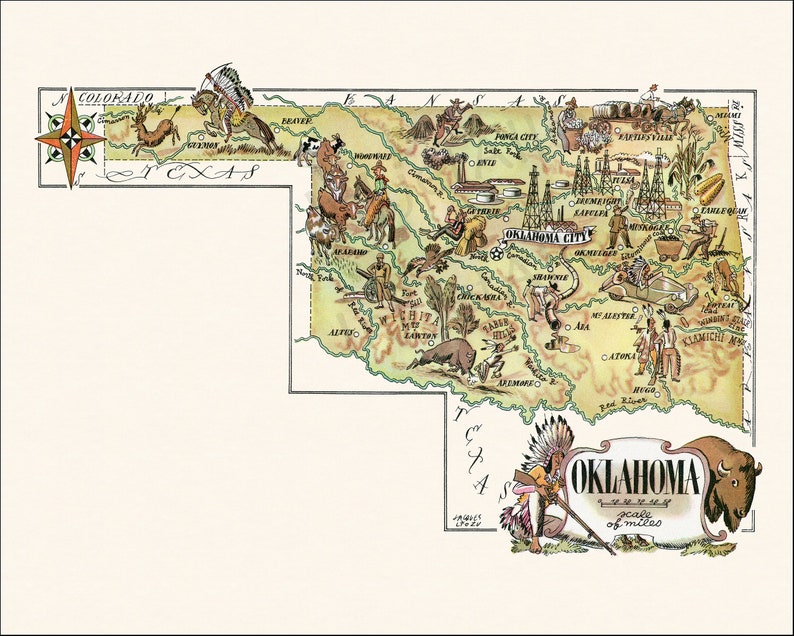 Fun State Map of Oklahoma – Vintage Pictorial Whimsical Cartoon Print ...