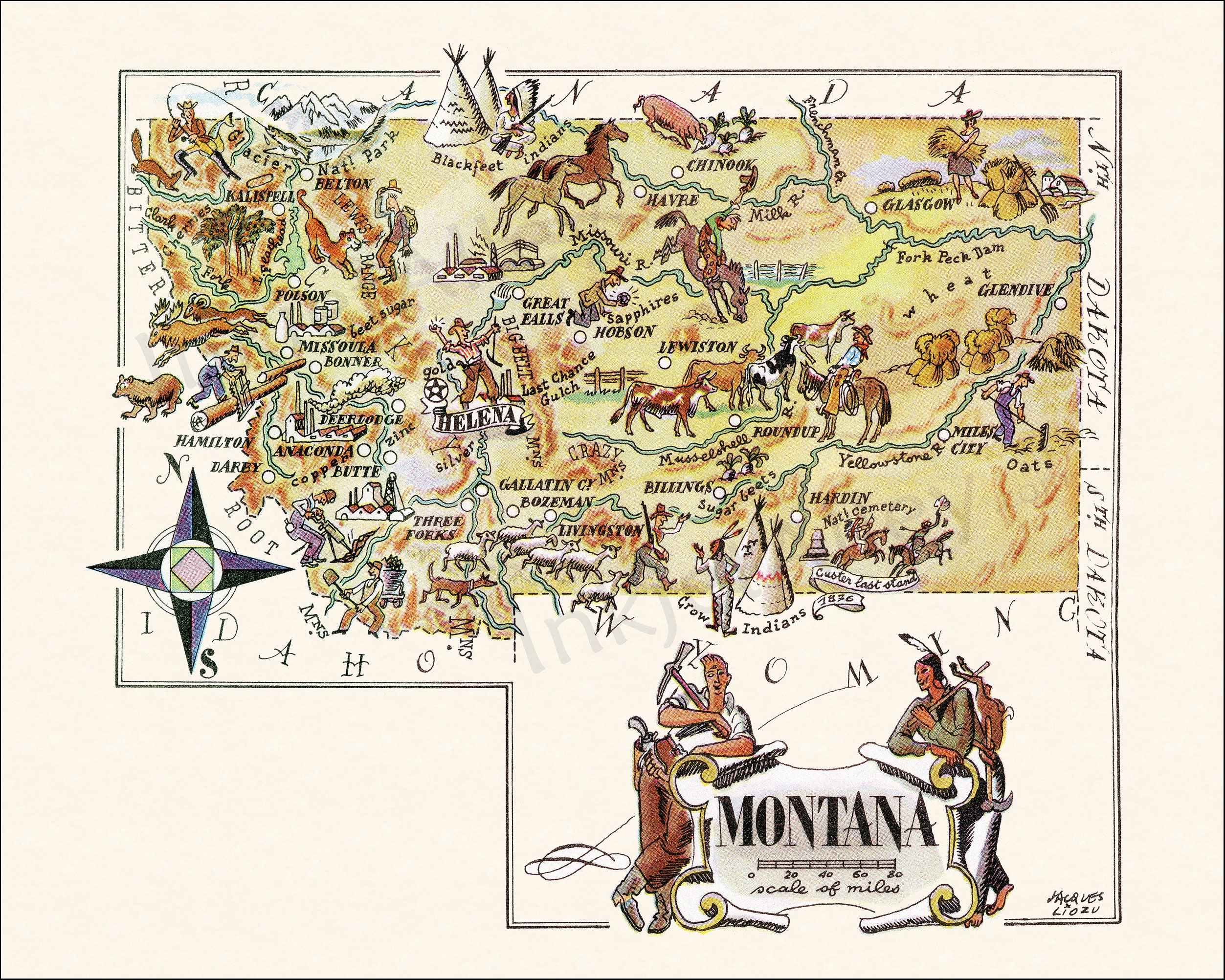 Fun State Map of Montana – Vintage Pictorial Whimsical Cartoon Print ...