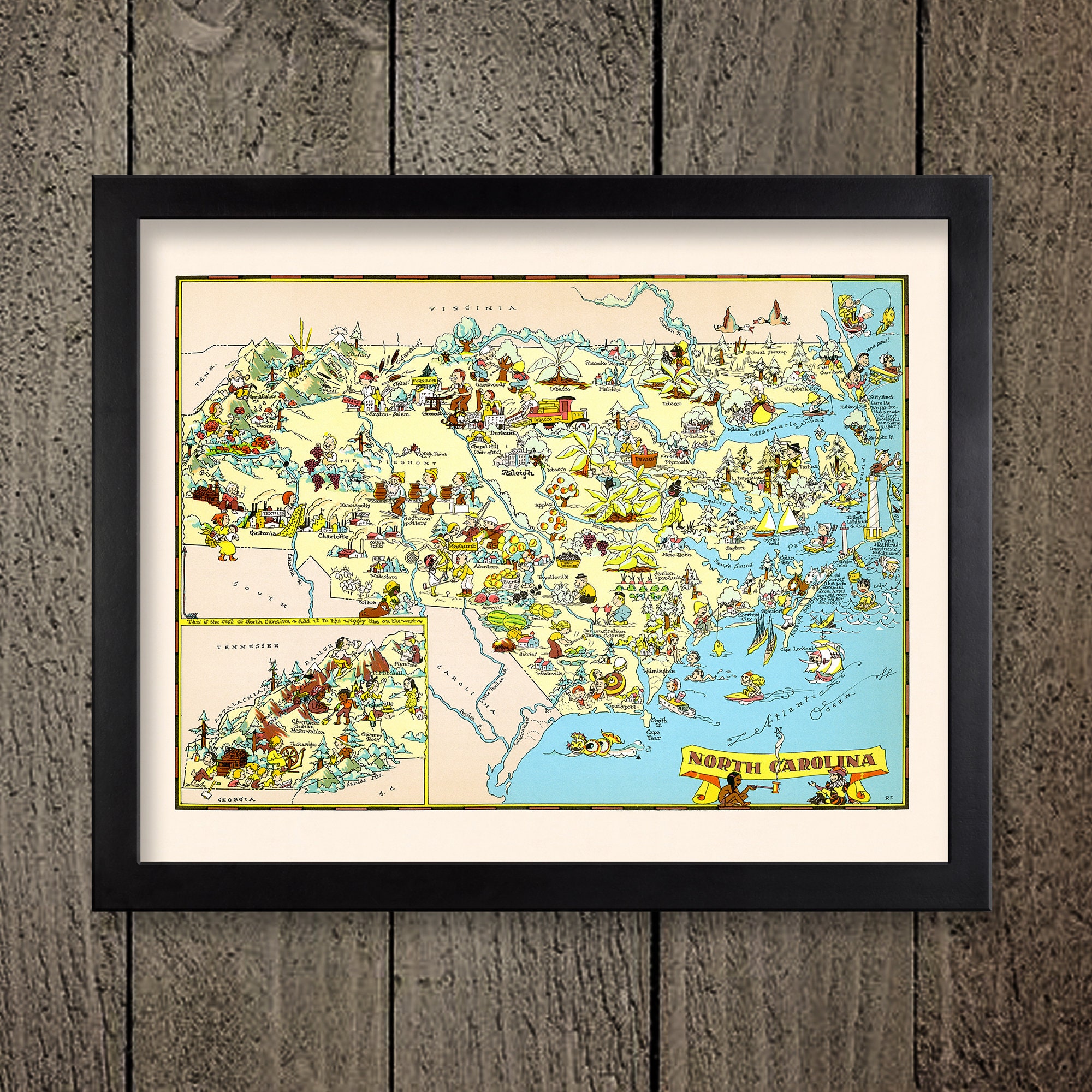 Fun State Map of North Carolina Vintage Pictorial Whimsical Cartoon ...
