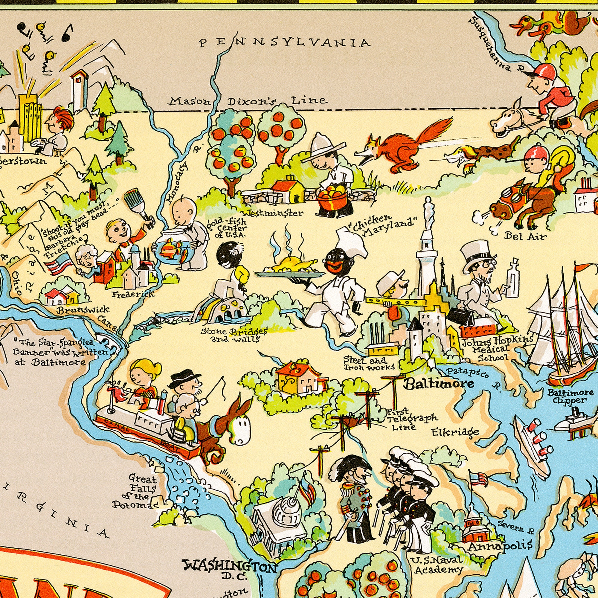 Fun State Map of Maryland – Vintage Pictorial Whimsical Cartoon Print ...