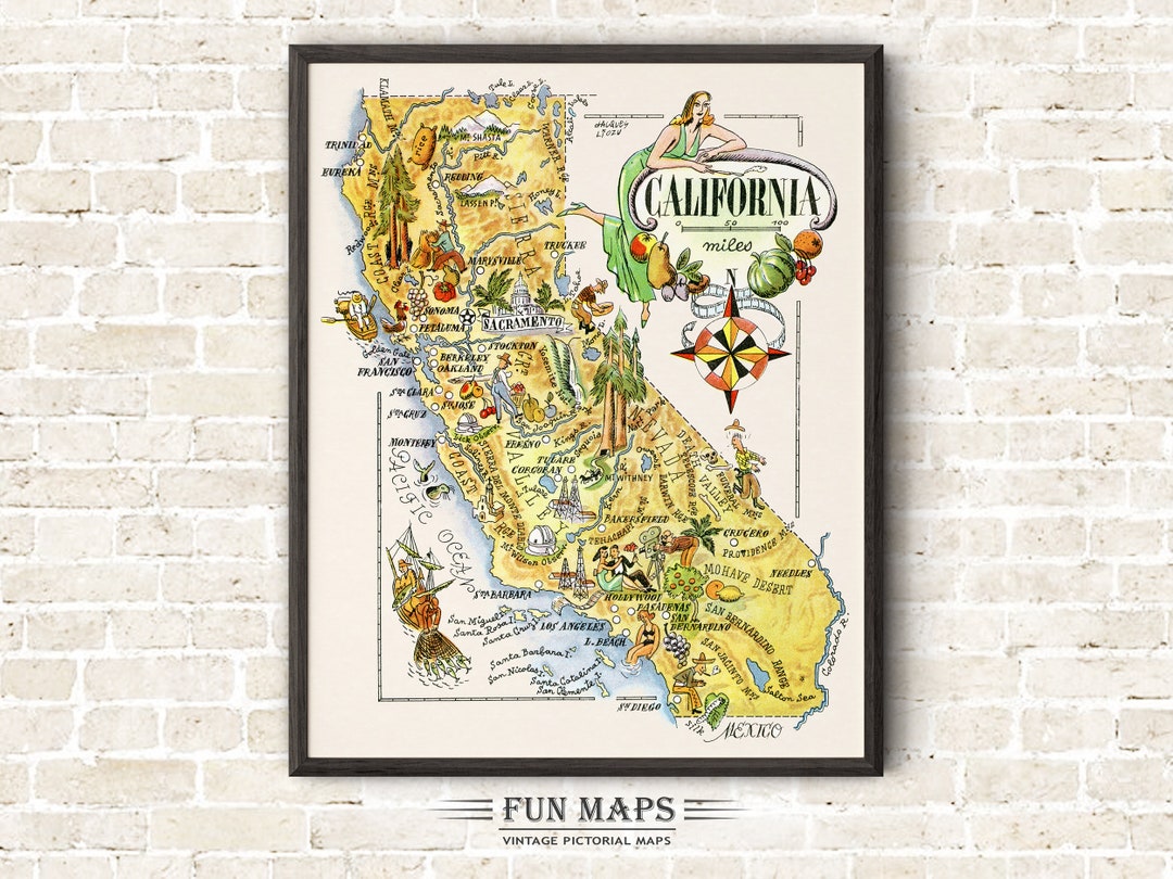 Fun State Map of California – Vintage Pictorial Whimsical Cartoon Print ...