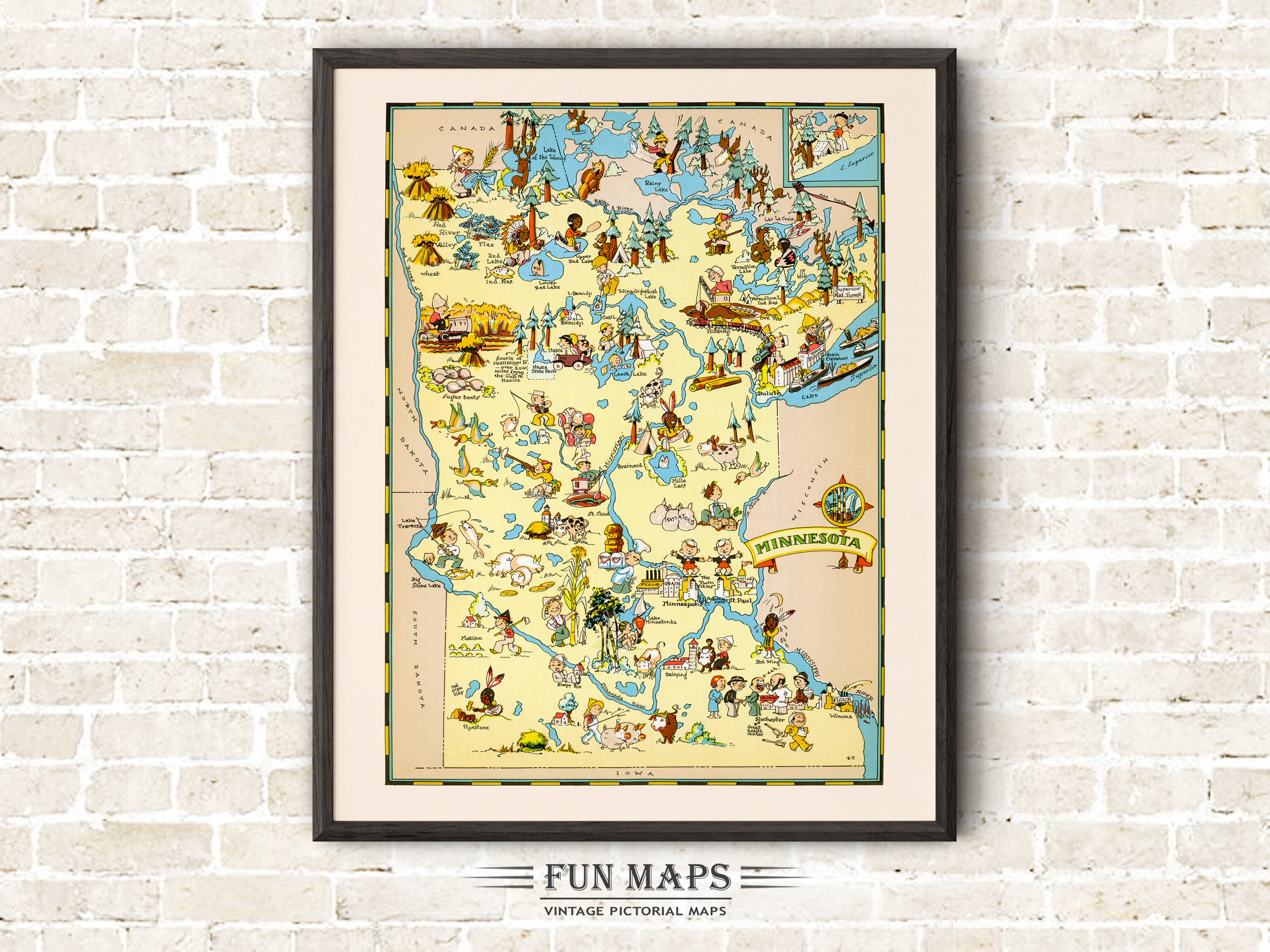 Fun State Map of Minnesota – Vintage Pictorial Whimsical Cartoon Print ...
