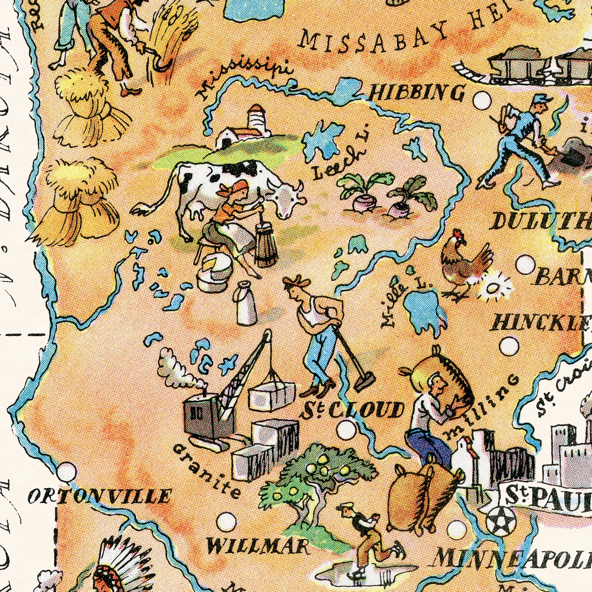 Fun State Map of Minnesota – Vintage Pictorial Whimsical Cartoon Print ...