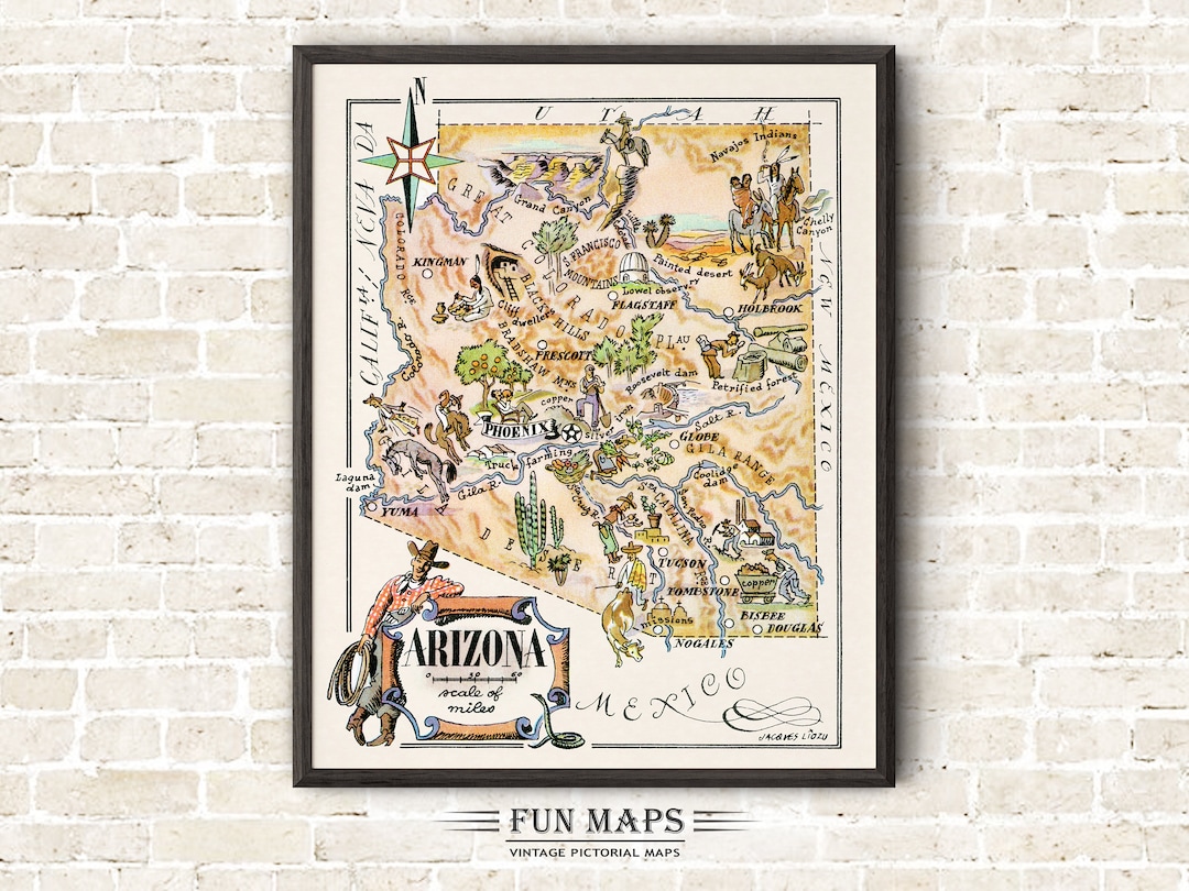 Fun State Map of Arizona – Vintage Pictorial Whimsical Cartoon Print ...