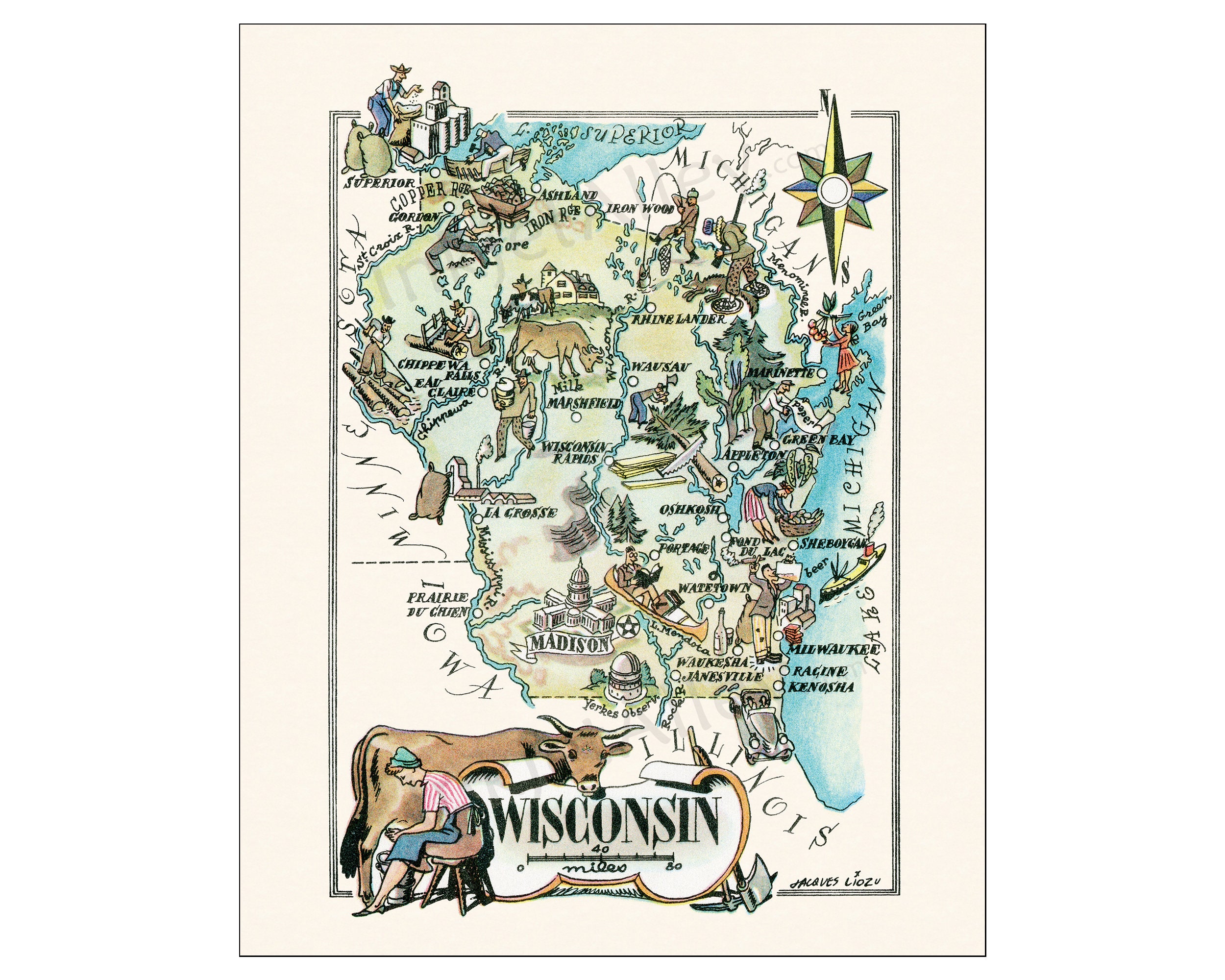 Fun State Map of Wisconsin – Vintage Pictorial Whimsical Cartoon Print ...